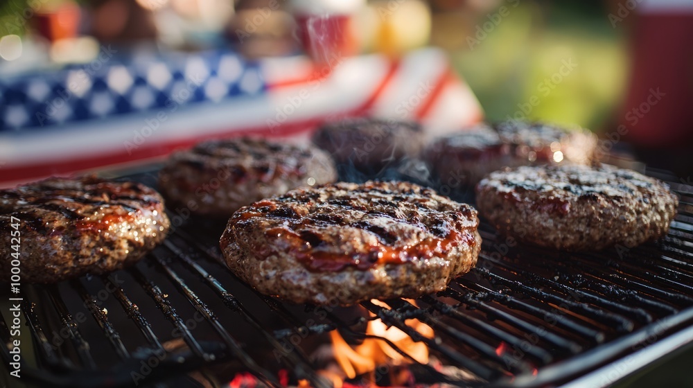 Grilling Fresh Burgers on Patriotic BBQ: All-American Cookout Concept ...