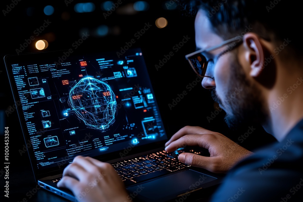 Hacker navigating the dark web, with a laptop showing hidden marketplaces, encrypted messaging ...