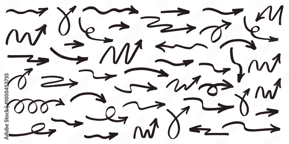 Large icon set of thick flat arrows with jagged uneven edges of ...