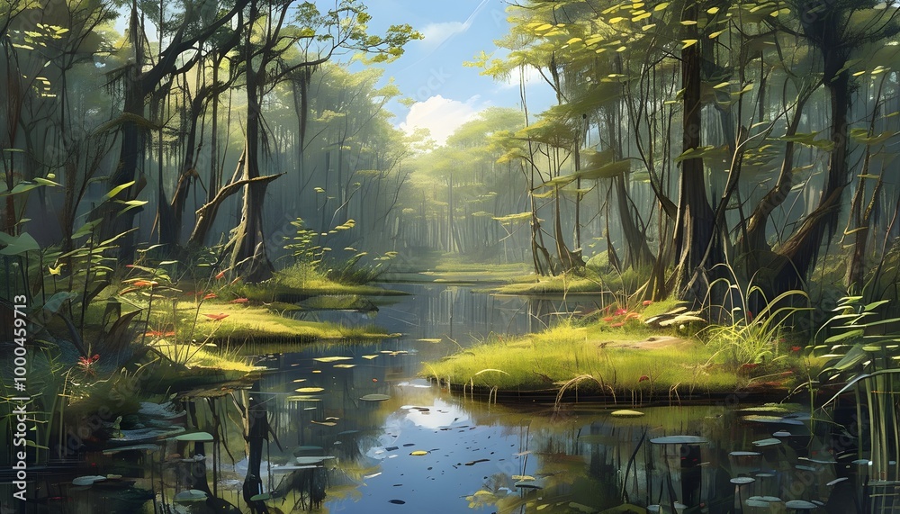 Sun-dappled fen with reflective pools showcasing unique plant species ...