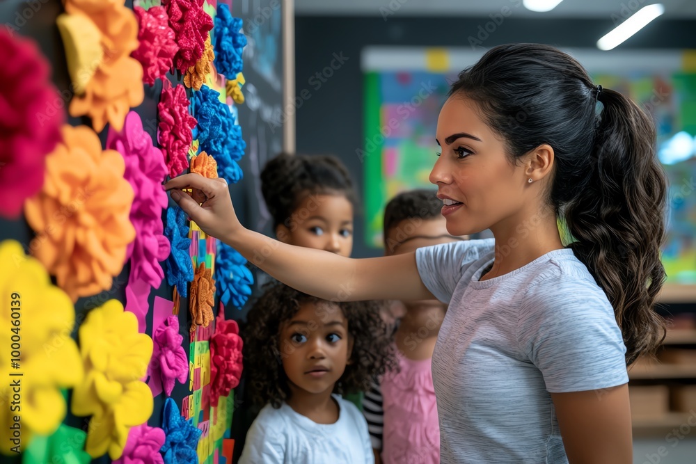 Hyper-realistic image of a preschool teacher pointing at a colorful ...