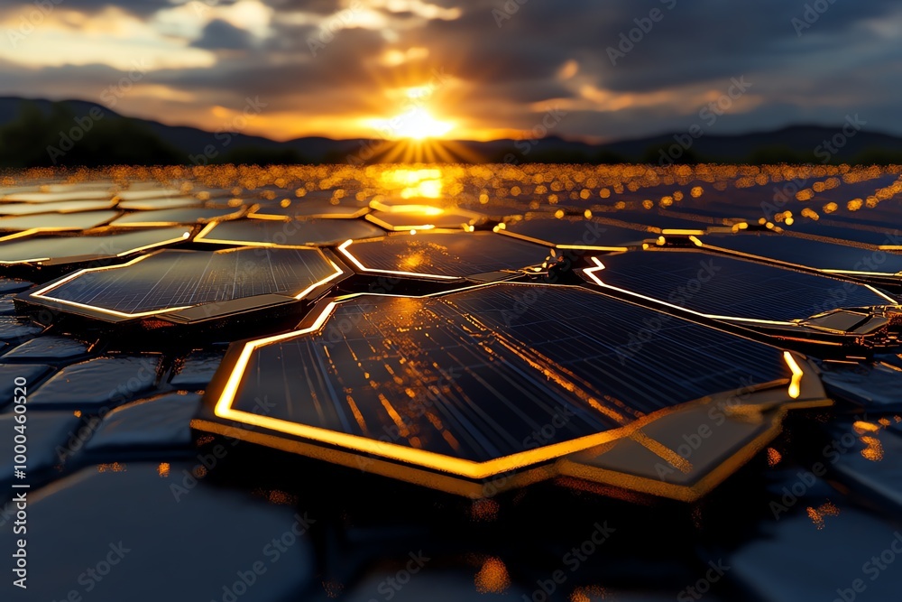Hyper-realistic image of a solar farm at sunset, with the panels ...