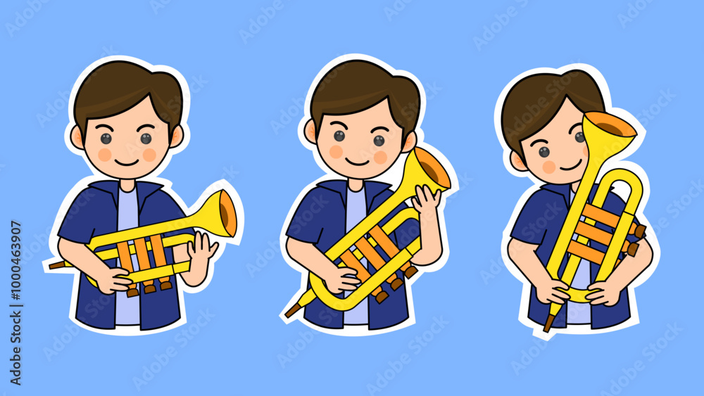 Cartoon Boy Playing Trumpet in a Different Pose. Music Instrument ...