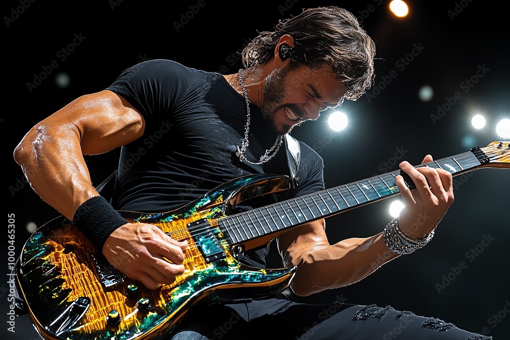 Image of a guitarist performing on stage, with sweat glistening on ...
