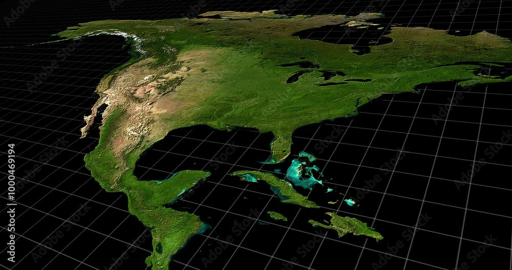 Land, grid and continent or map of North America on black background ...