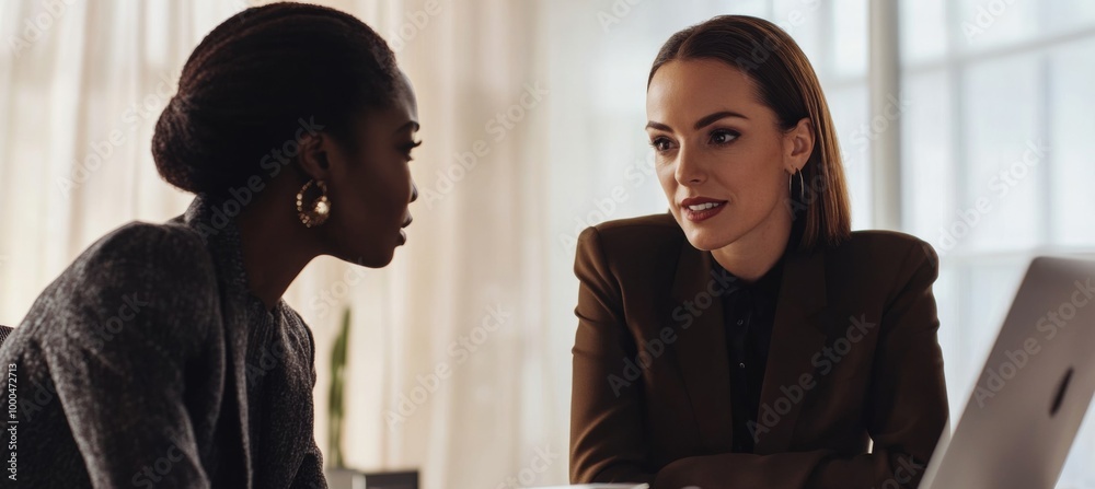 A woman interviewing with a Caucasian female manager in a modern office ...