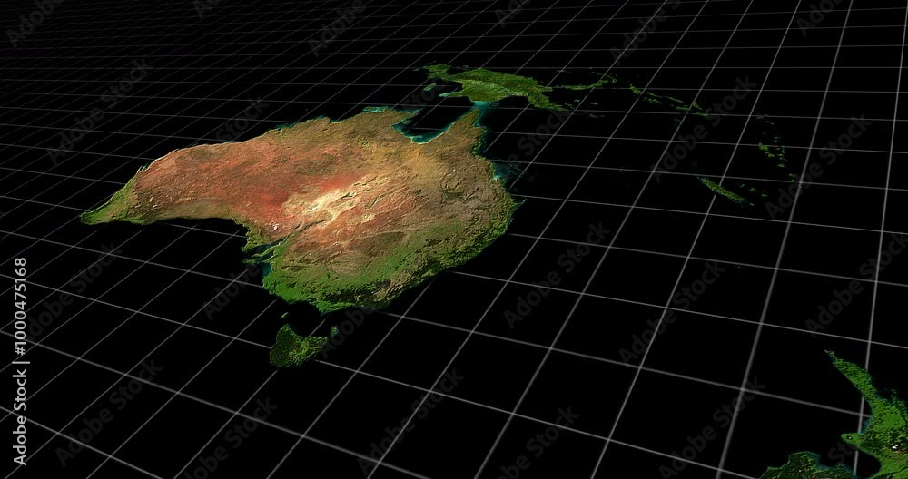 Land, grid and continent or map of Australia on black background ...