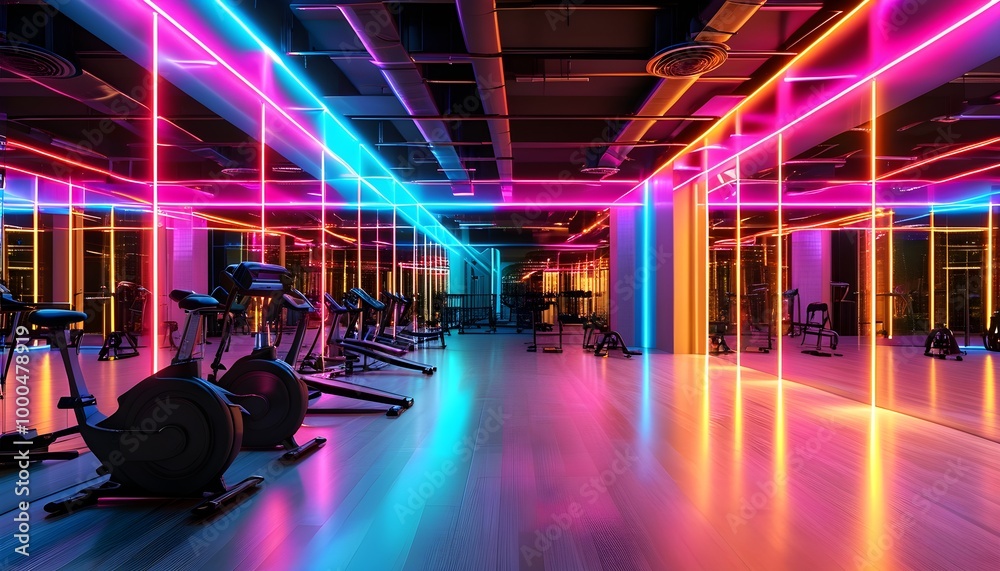 Energetic gym setting featuring neon lights, advanced fitness equipment ...