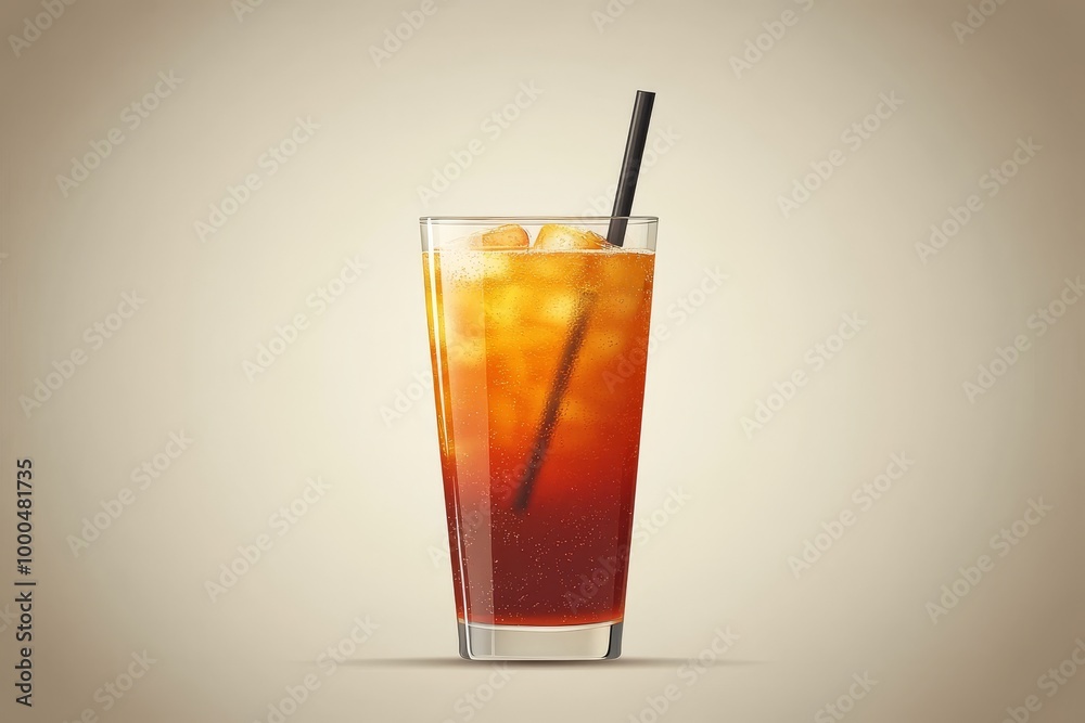 Tall iced tea in a clear glass with a straw set against a cream ...