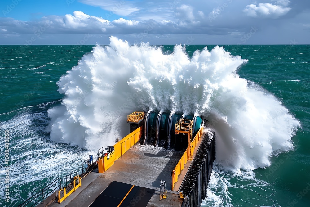 Ocean waves crashing against a tidal energy station, harnessing the ...