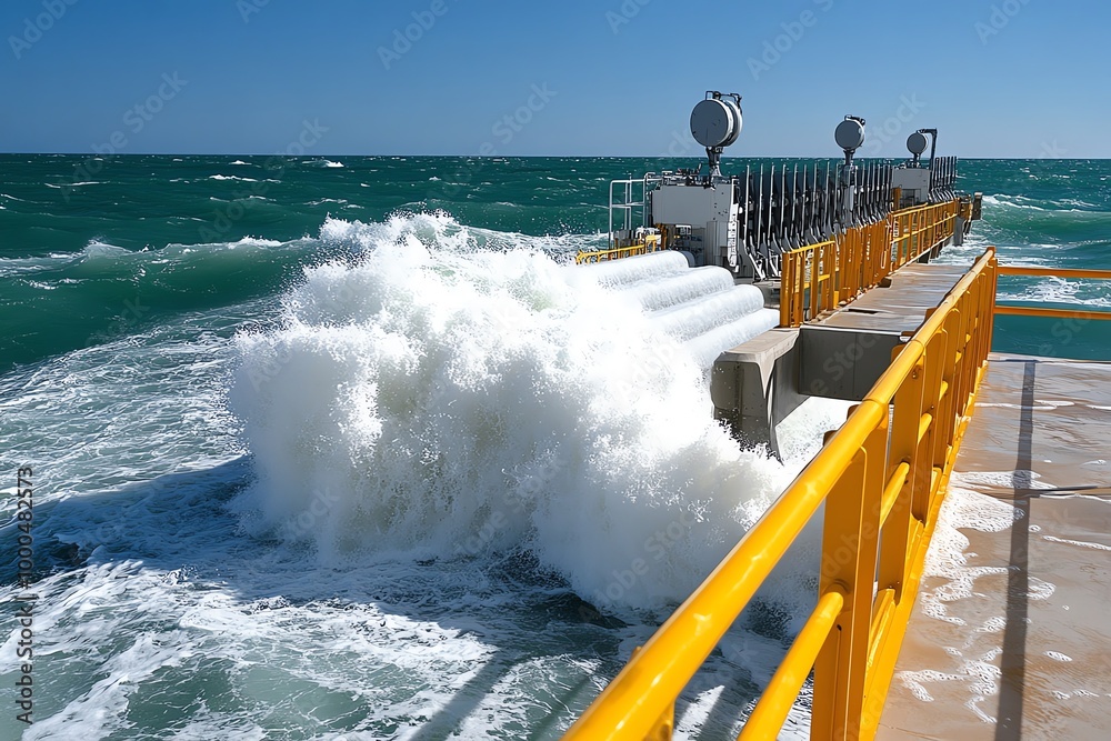 Ocean waves crashing against a tidal energy station, harnessing the ...