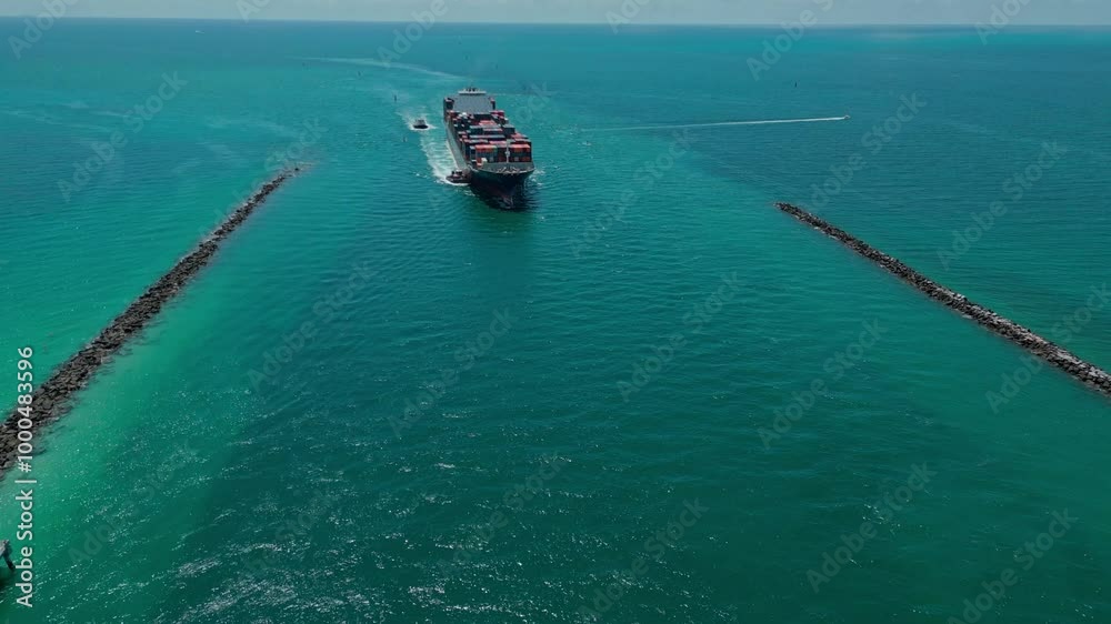 Cargo ship with container in Miami, aerial view. Freight container on ...