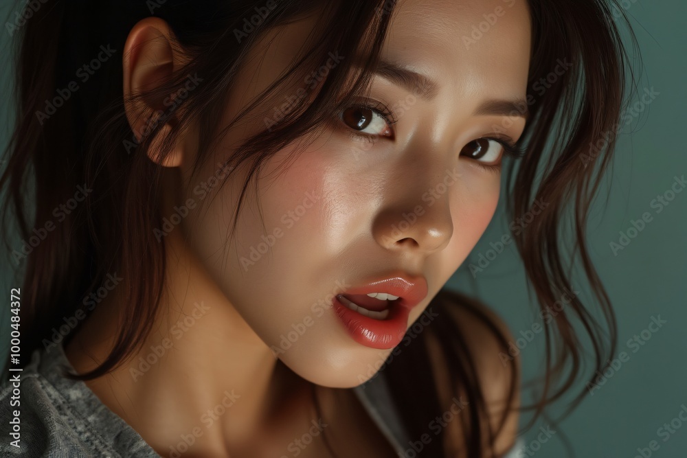 Stunning young Asian woman with glowing skin poses gracefully on a ...