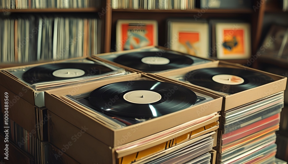 Vintage vinyl records stacked in boxes at a retro music store, evoking ...