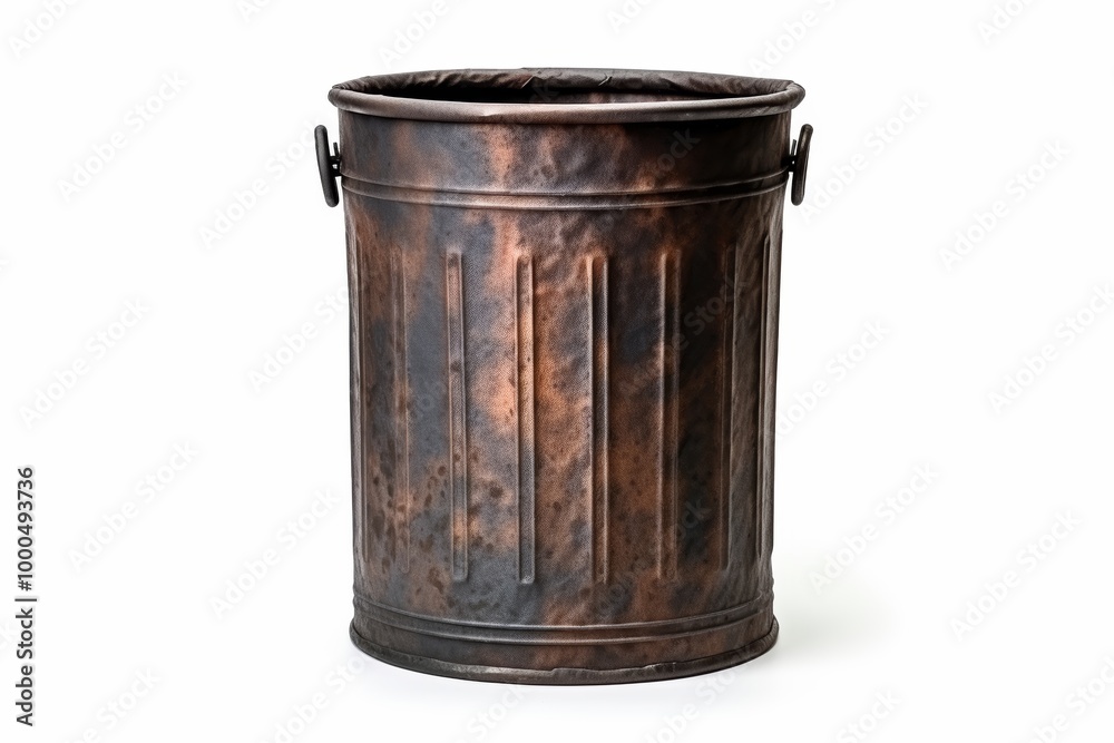 Old metal trash can with a weathered, rusty surface and vertical ridges ...