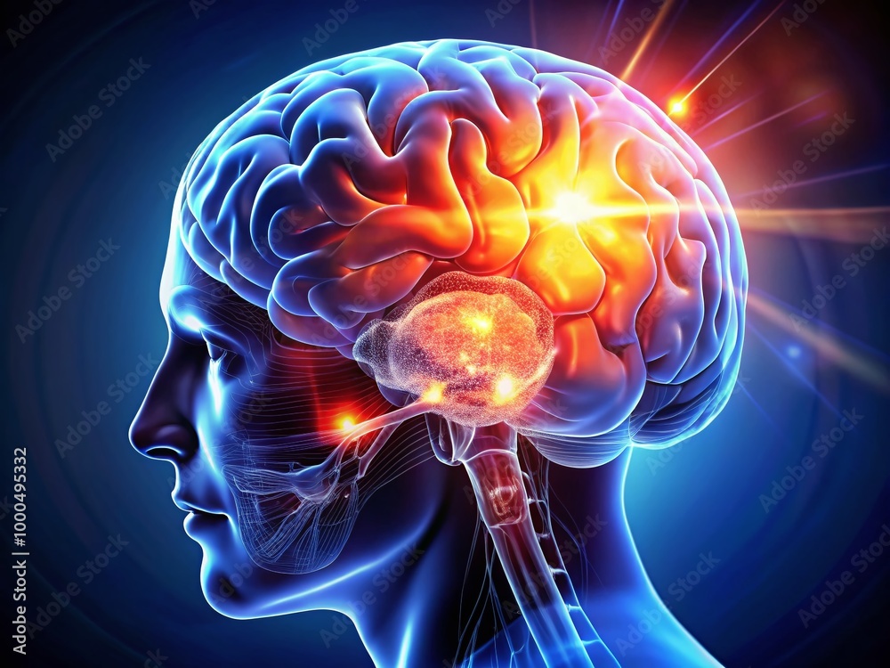 Medical illustration of a human brain highlighting areas affected by ...