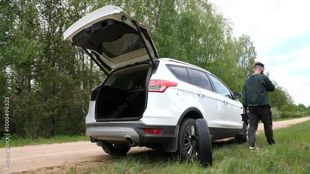 angry frustrated man calling car repair service. changing a flat tire ...