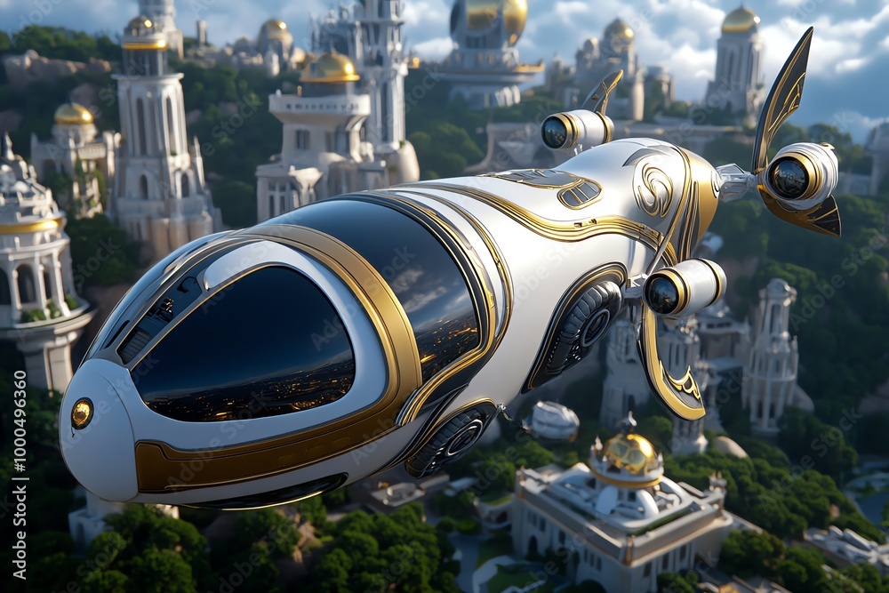 Wind-powered airships flying over a fantasy city, using giant magical ...