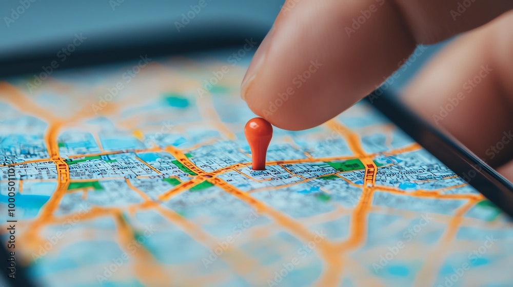 Finger pointing at a voting location on a digital map on a smartphone ...