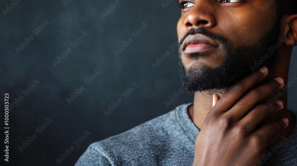 A close-up image showing a person in deep thought, touching their chin ...