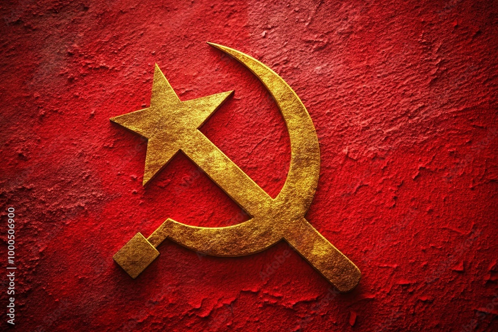 Red communist symbol featuring hammer and sickle on a textured ...