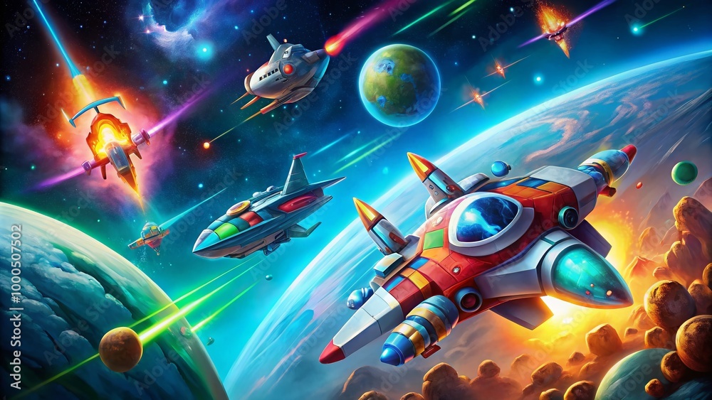 Retro 2D Spaceship Game Concept Art with Colorful Graphics and Engaging ...