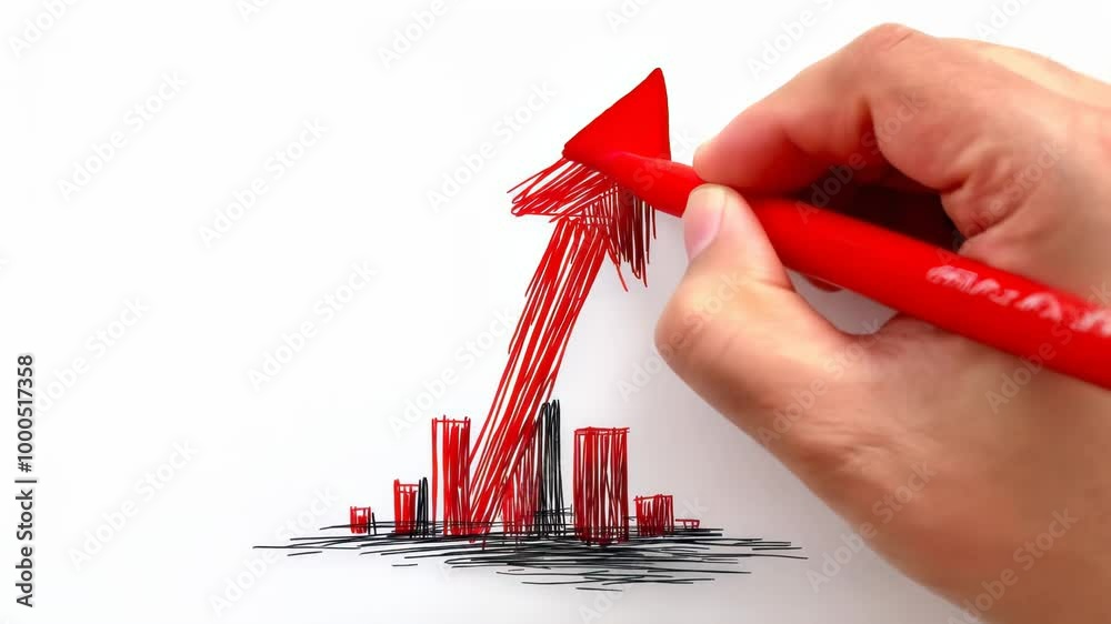 Hand sketching red arrow over bar graph. Rising trend visualization on ...