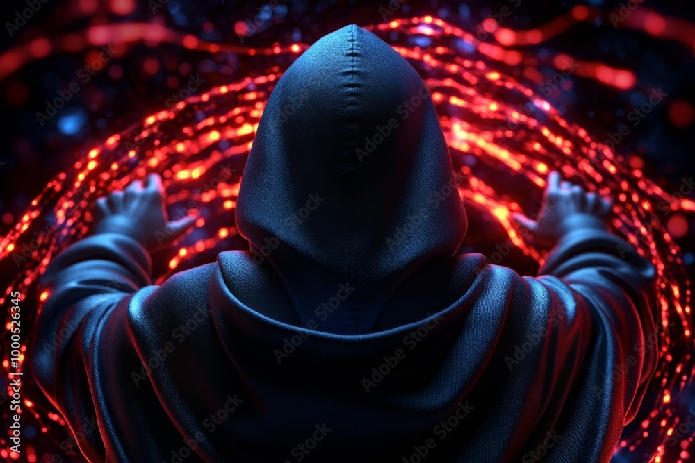 A dark web sorcerer navigating an encrypted magical network, with ...