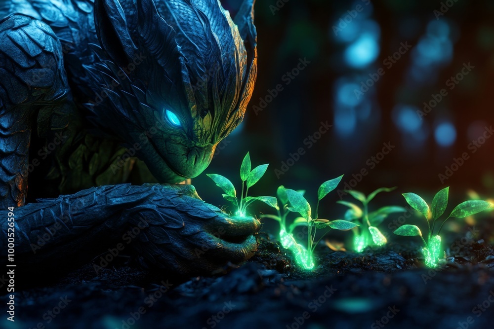 A fantasy reforestation project, where mystical creatures plant glowing ...