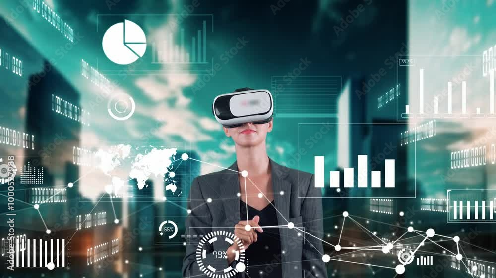 Businesswoman user making zoom big data dynamic market graph monitor by ...