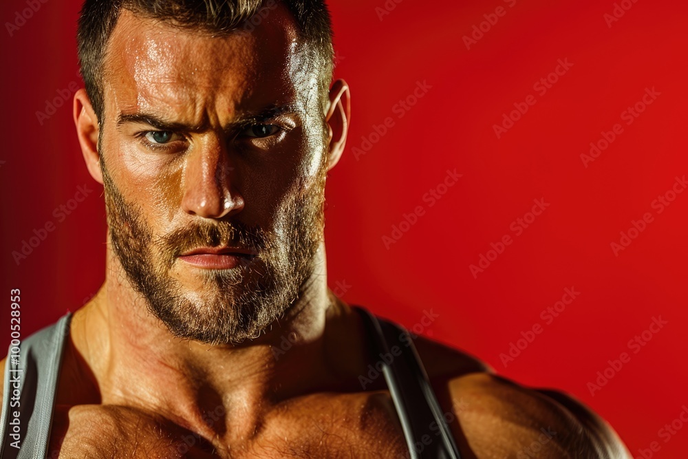 Muscular man with a powerful physique and a sharp gaze, solid color ...