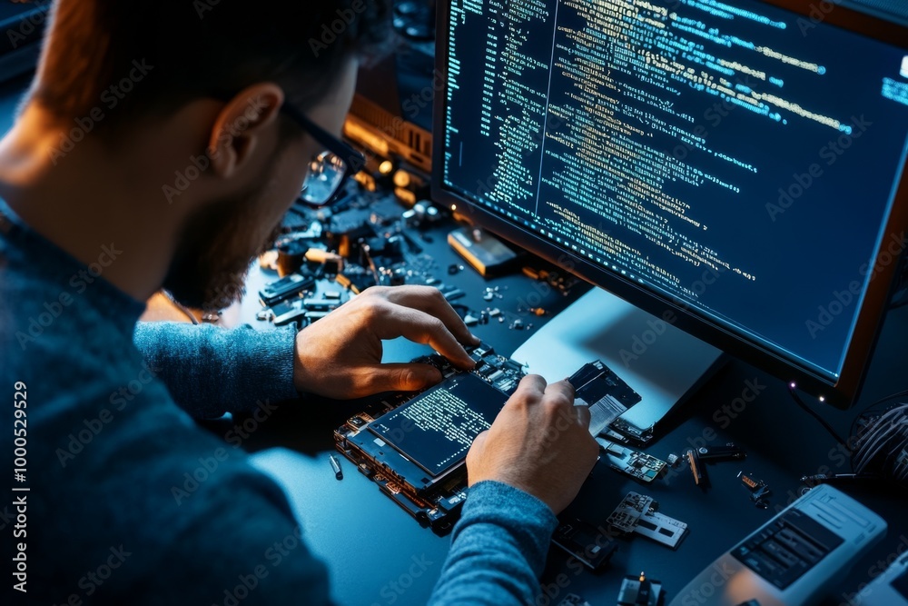 Digital forensics expert analyzing a hard drive, with detailed computer ...