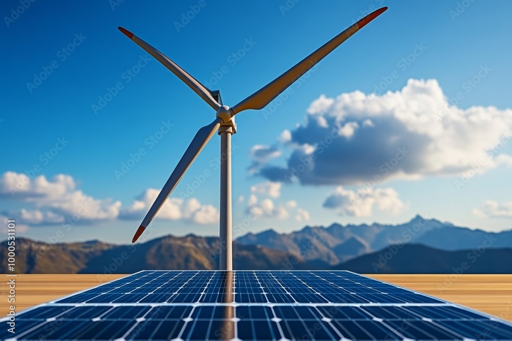 Geometric wind turbine and solar panel combination, symbolizing hybrid ...