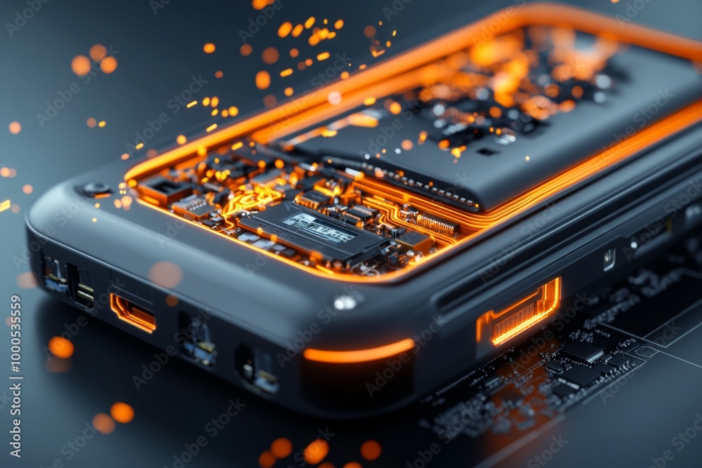 3D model of a compromised device, where internal components and data streams are digitally ...