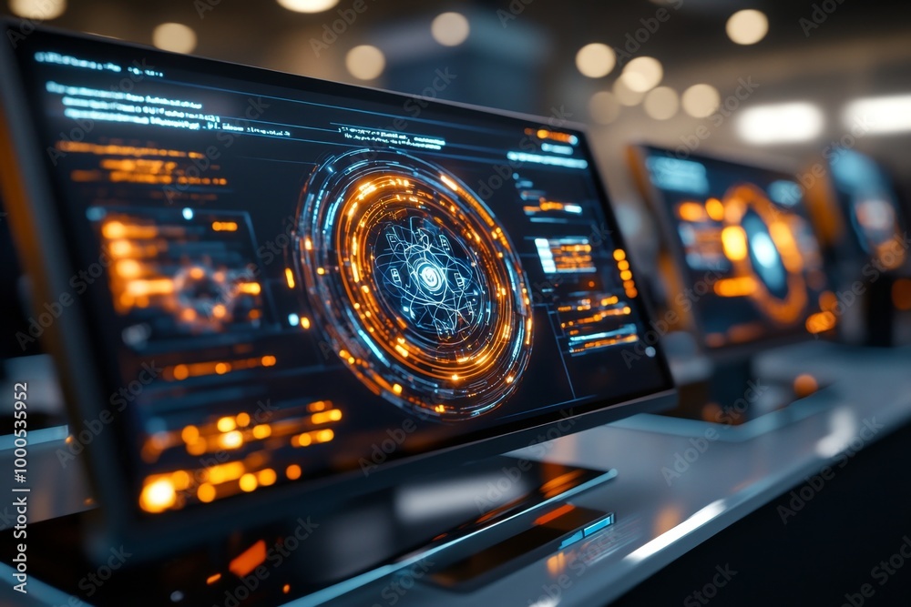 3D-rendered digital forensics lab, with holographic displays showing complex data streams and ...