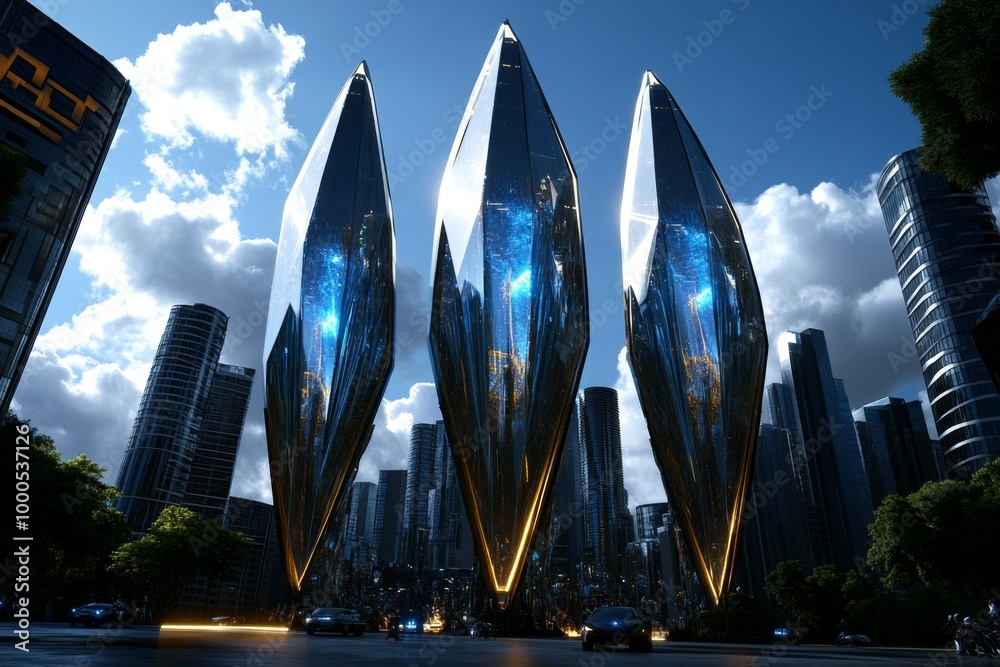 A futuristic urban city with magical architecture, where skyscrapers ...