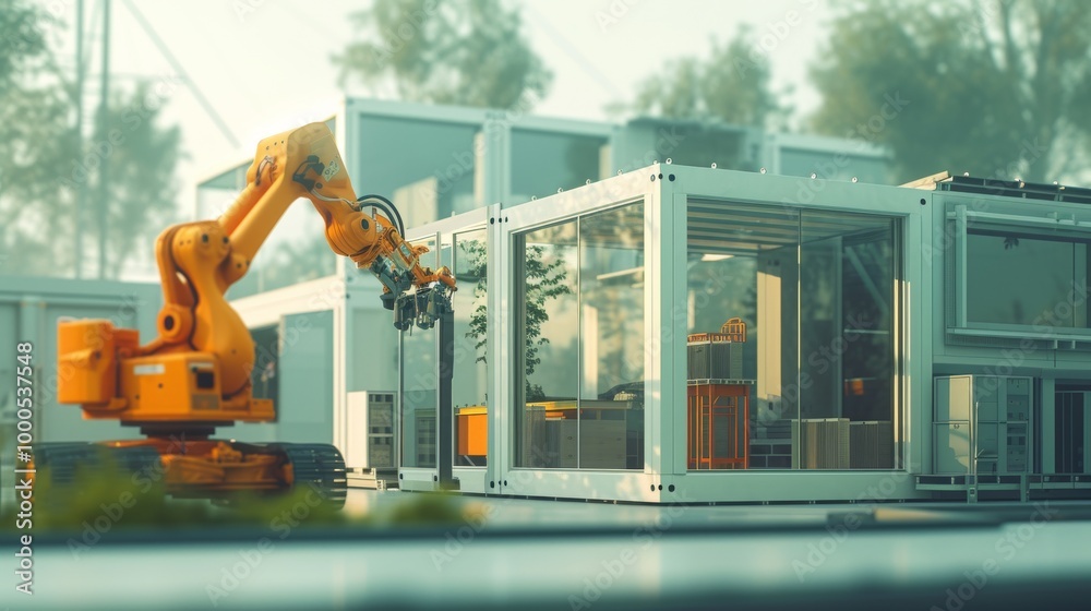 An orange robotic arm assembling modular housing units in an outdoor ...