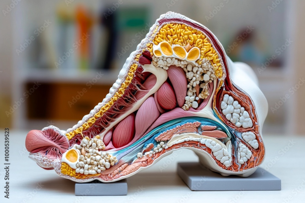 Cross-section of the human foot, revealing the layers of skin, fat ...
