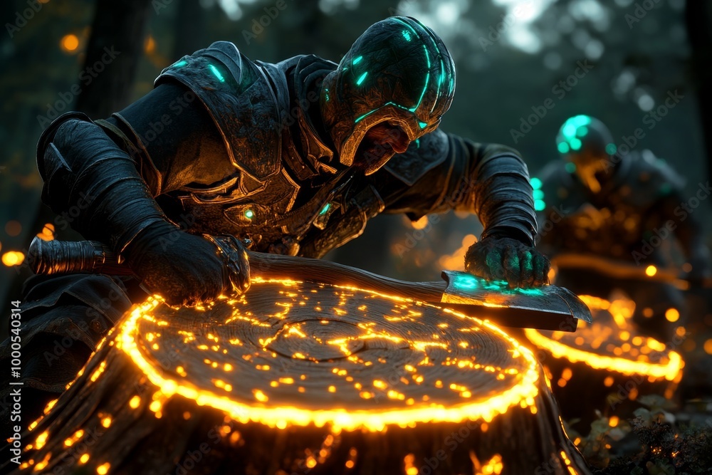 Fantasy lumberjacks harvesting enchanted wood, with magical axes ...
