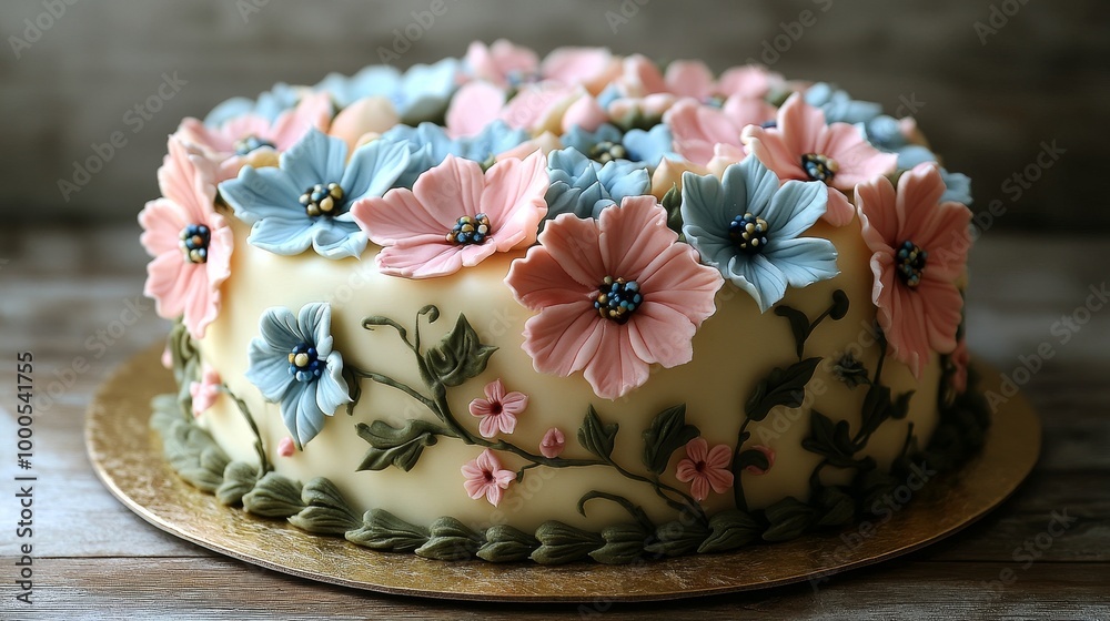 A circular cake featuring highly detailed floral patterns, vibrant ...