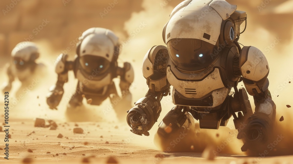 Three advanced robots speed through a desert, kicking up clouds of dust ...