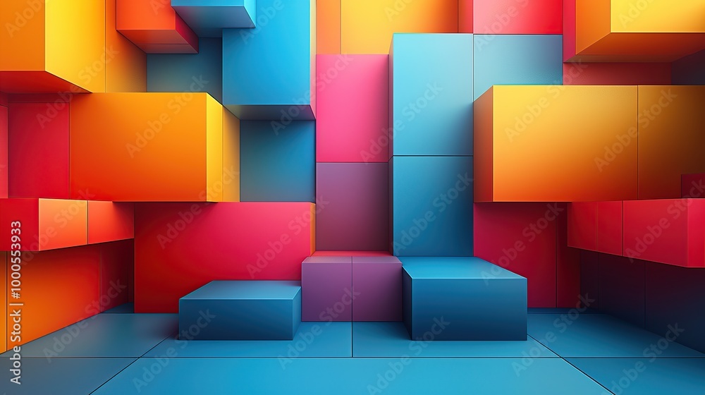 Bright and bold 3D abstract shapes arranged in a symmetrical pattern ...
