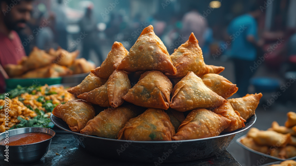 Delicious golden brown samosas stacked neatly on vibrant street food ...