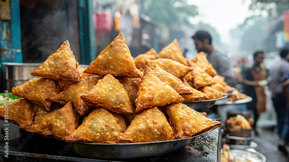 Delicious golden brown samosas stacked neatly on vibrant street ...