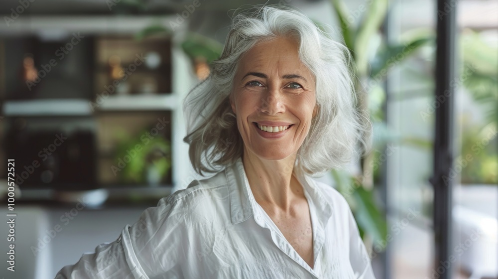 A true-to-life depiction of a cheerful middle-aged woman with white ...