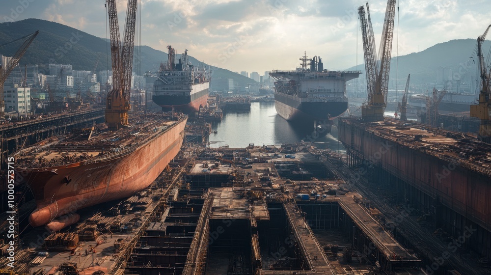 A shipyard in Busan, South Korea, with large vessels under construction ...