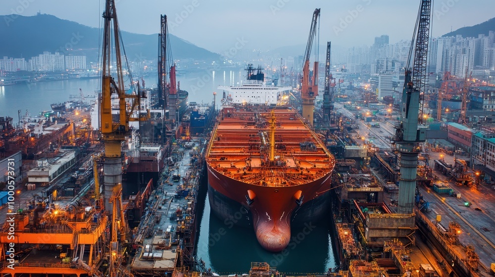 A shipyard in Busan, South Korea, with large vessels under construction ...