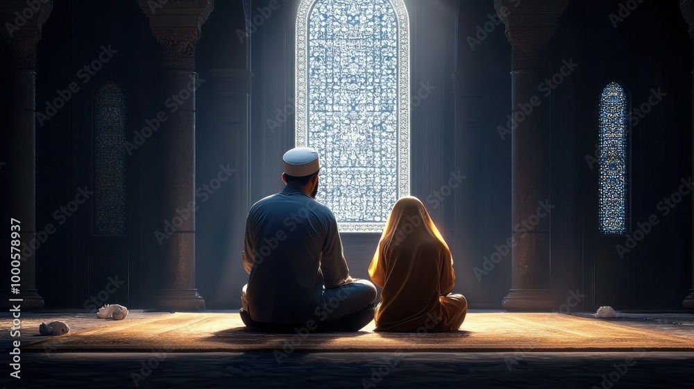 Muslim Couple Praying in Mosque with Stained Glass Window Stock Photo ...