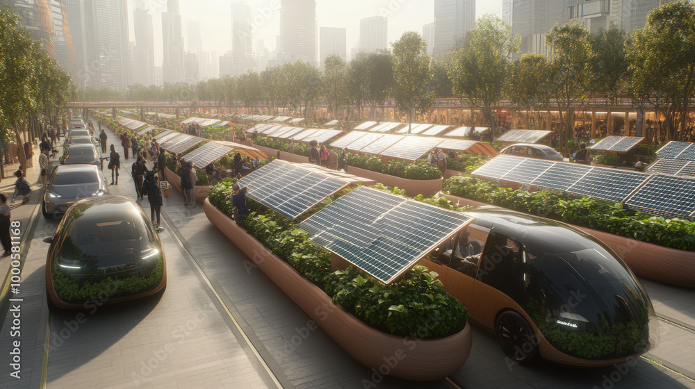 A futuristic city street featuring electric vehicles, pedestrians, and ...