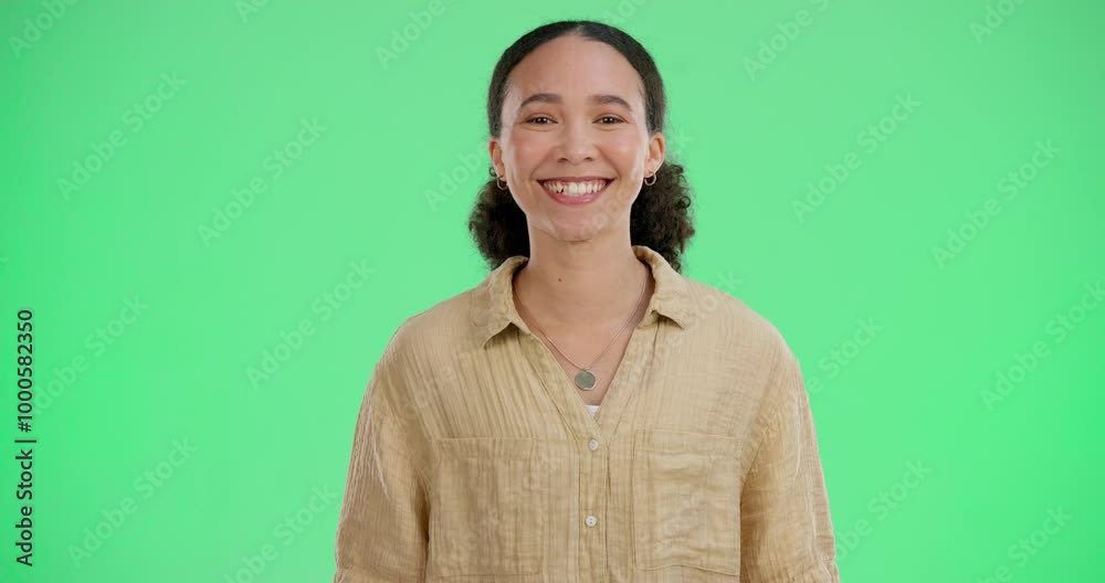 Smile, confident and face of woman by green screen with positive ...